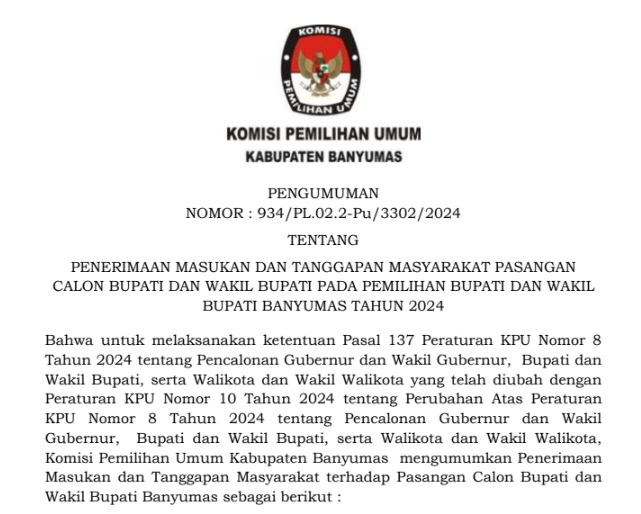 KPU KAB-BANYUMAS - PENGUMUMAN PENERIMAAN MASUKAN DAN TANGGAPAN MASYARAKAT PASANGAN CALON BUPATI ...